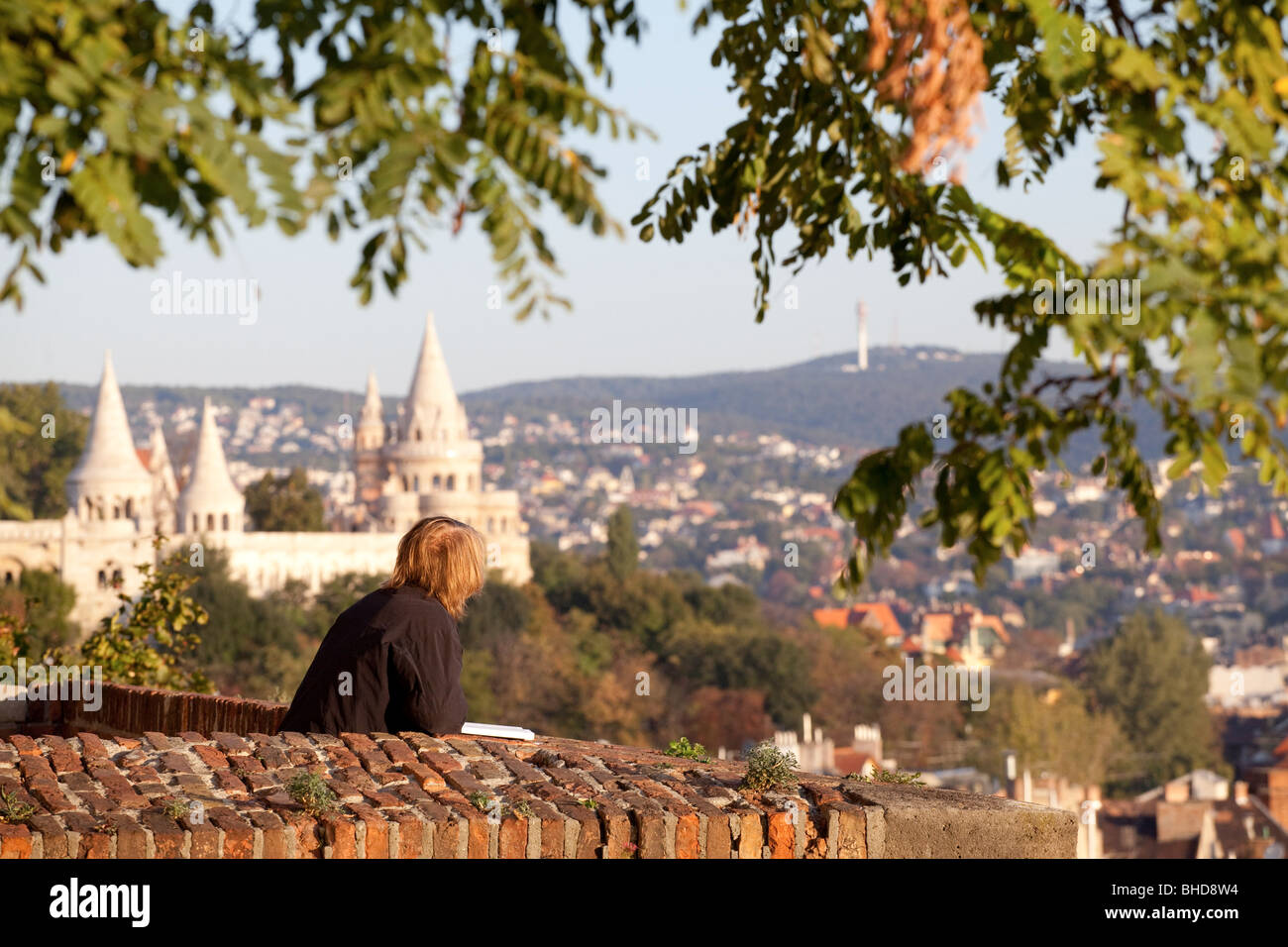 A guy reading on a balcony in Buda castle near Fisherman's bastion ...