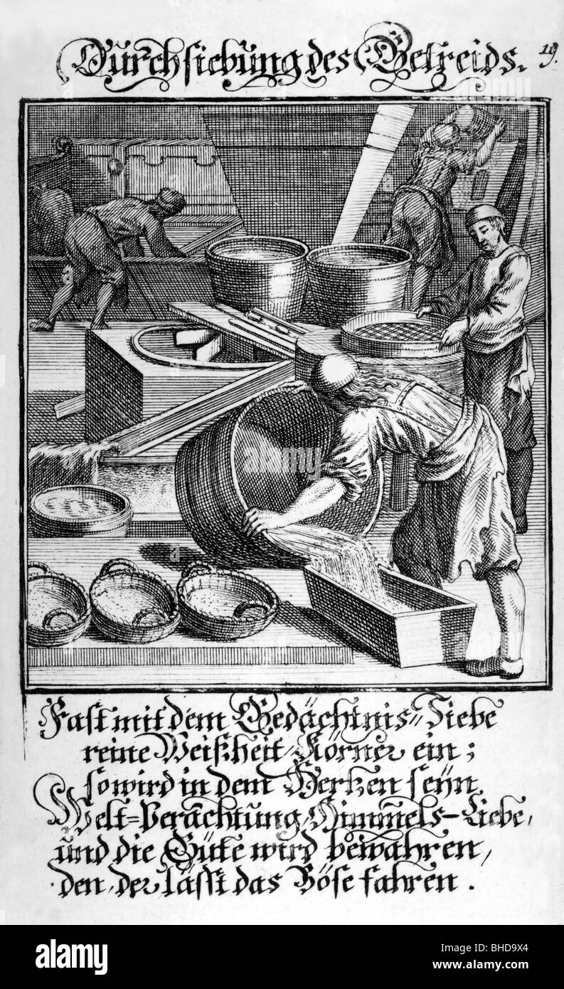 agriculture / farming, harvest, sieving of corn, copper engraving, from ...