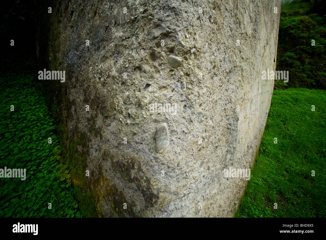 The corner of a large rock wall juts out in Alum Rock Park San Jose, CA ...
