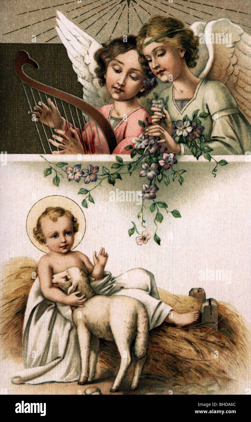 festivity, Easter, Christ Child with lamb and angels, postcard, 19th ...