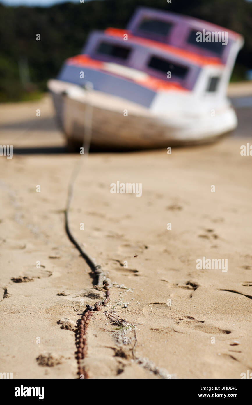 Beached boat with anchor on the Abel Tasman National Park Coastline Stock Photo - Alamy