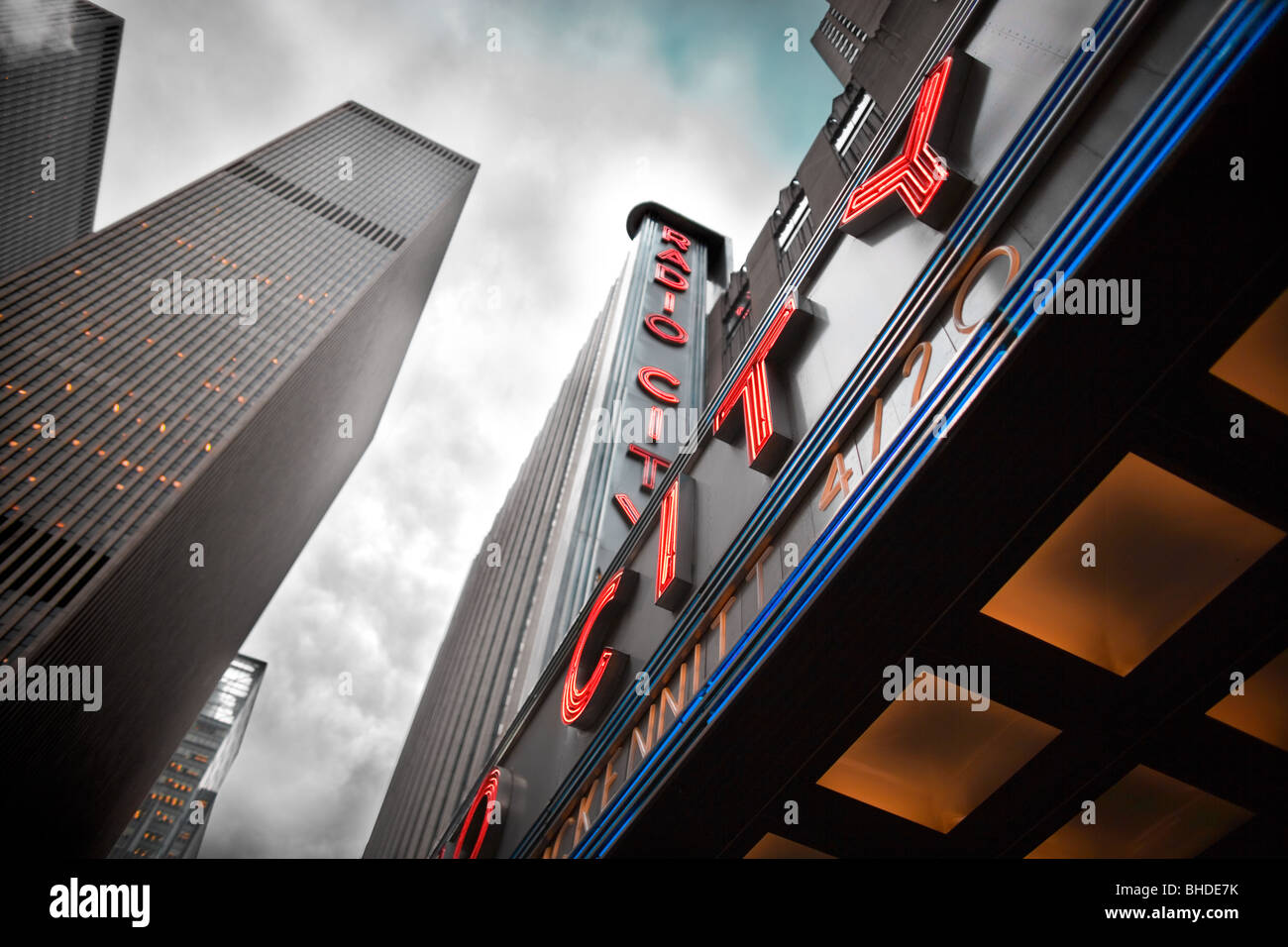 Radio City music hall entrance and neon signs Manhattan New York City ...