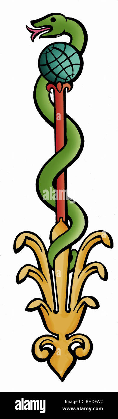 medicine, symbols, rod of Asclepius, drawing, coloured, historic ...