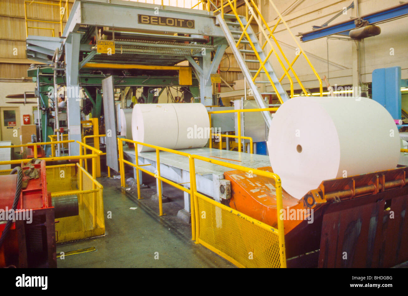rolls of recycled paper exit paper making machine in factory green ...