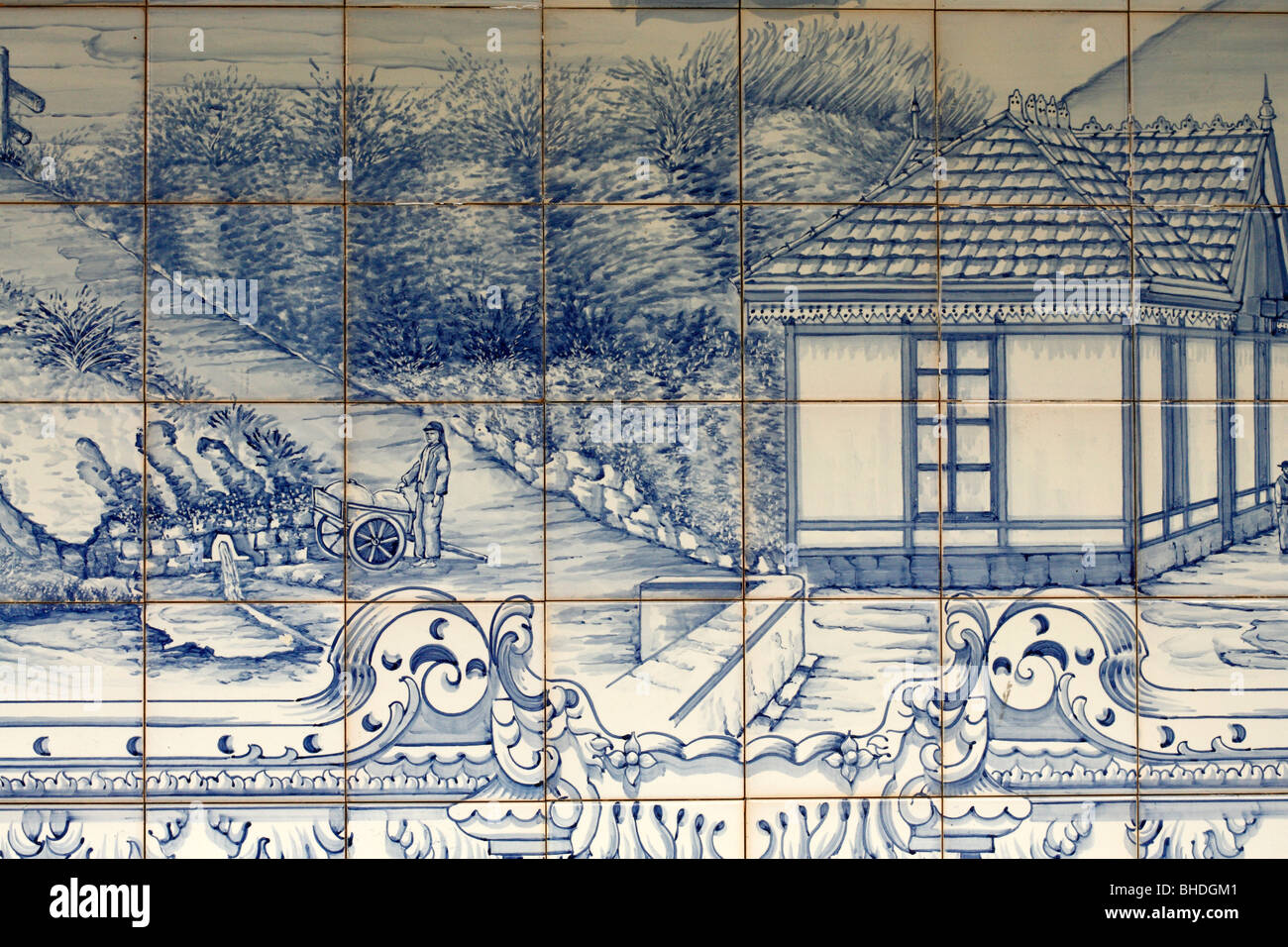 Panel of blue glazed tiles ("azulejo") in the village of Furnas. Azores ...