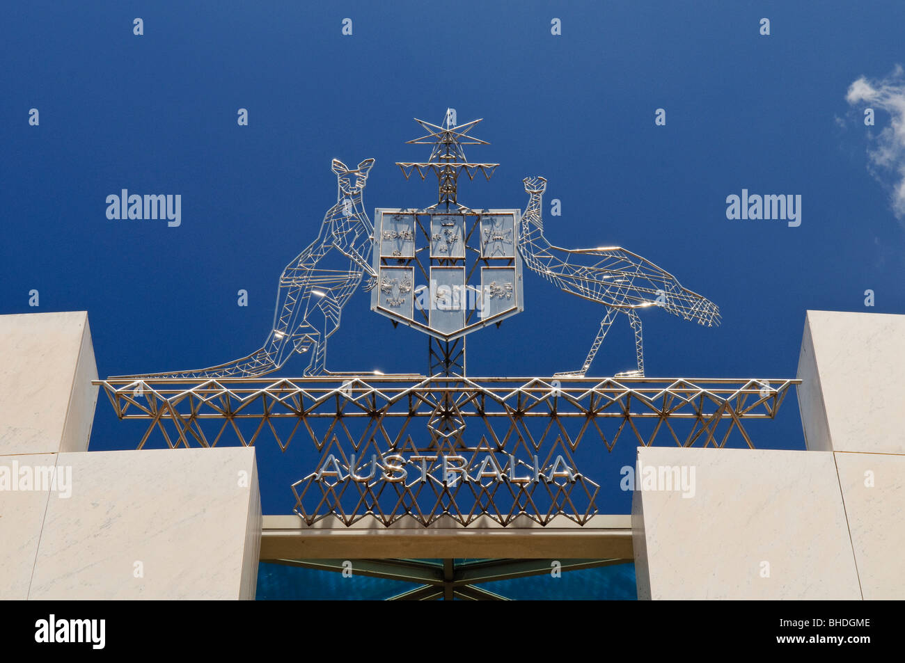 CANBERRA, Australia - The Australian Coat of Arms atop Parliament House ...