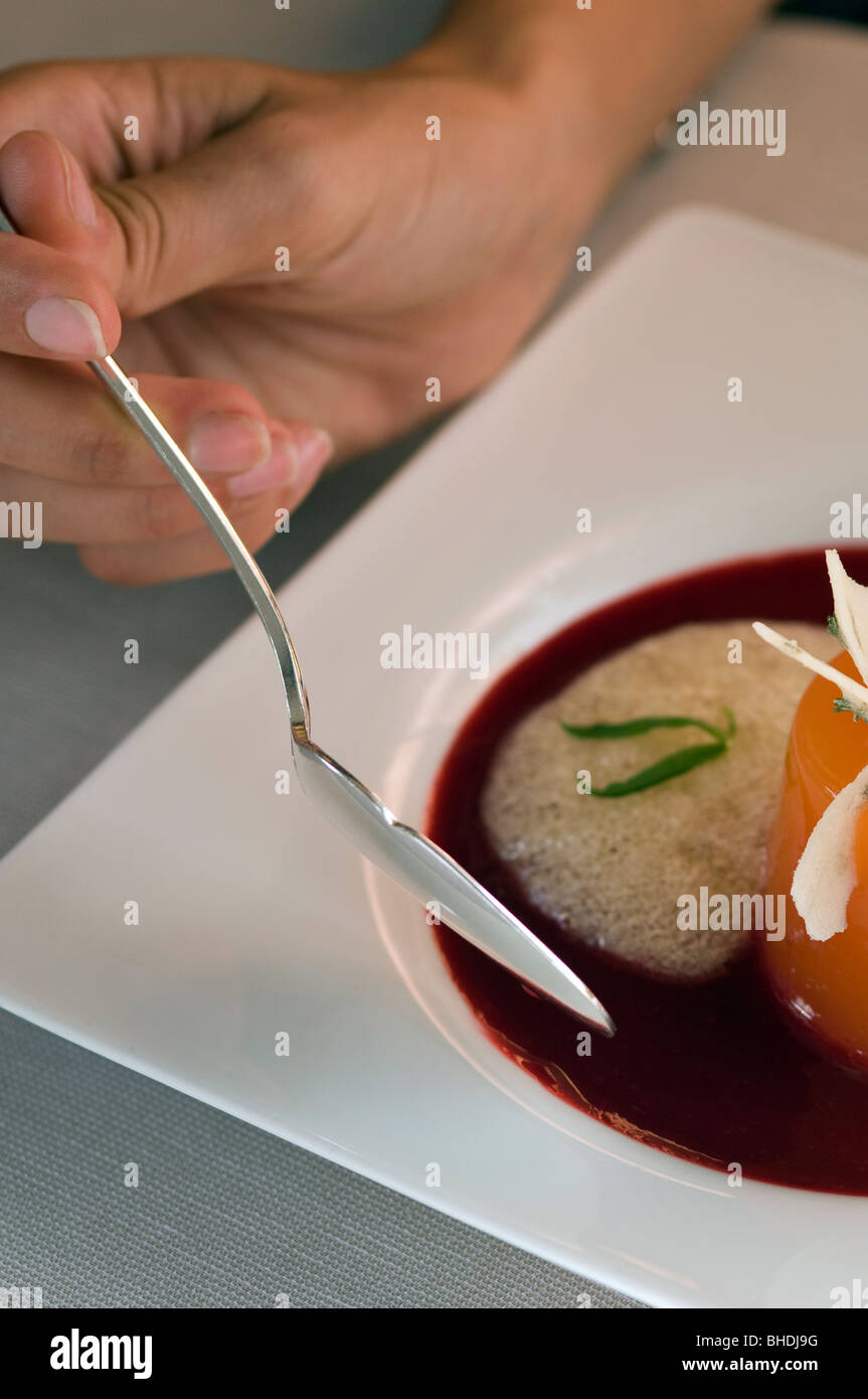 Closeup of young woman's hand at plate of food Stock Photo - Alamy