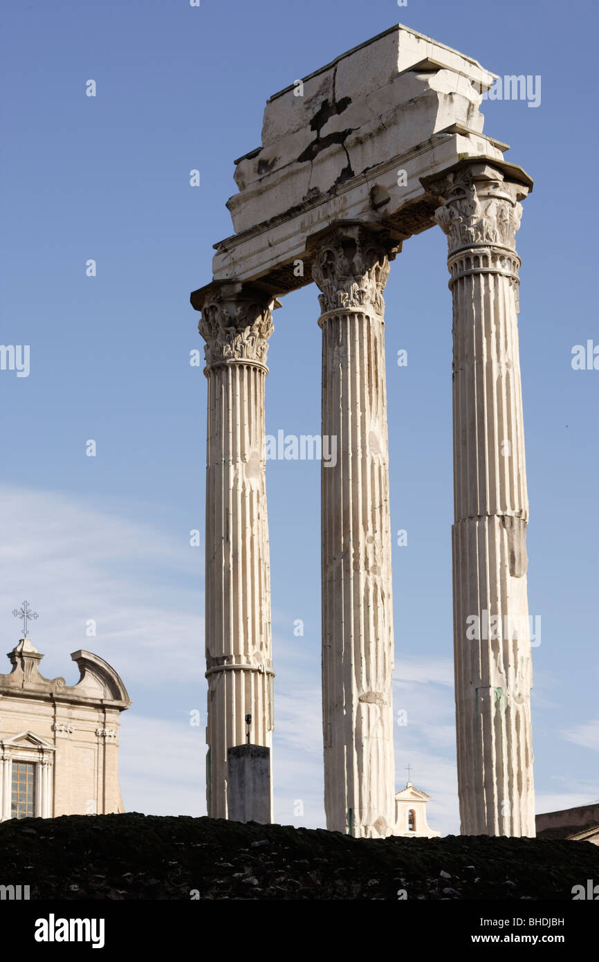 three columns at the Forum in Rome Italy Stock Photo - Alamy