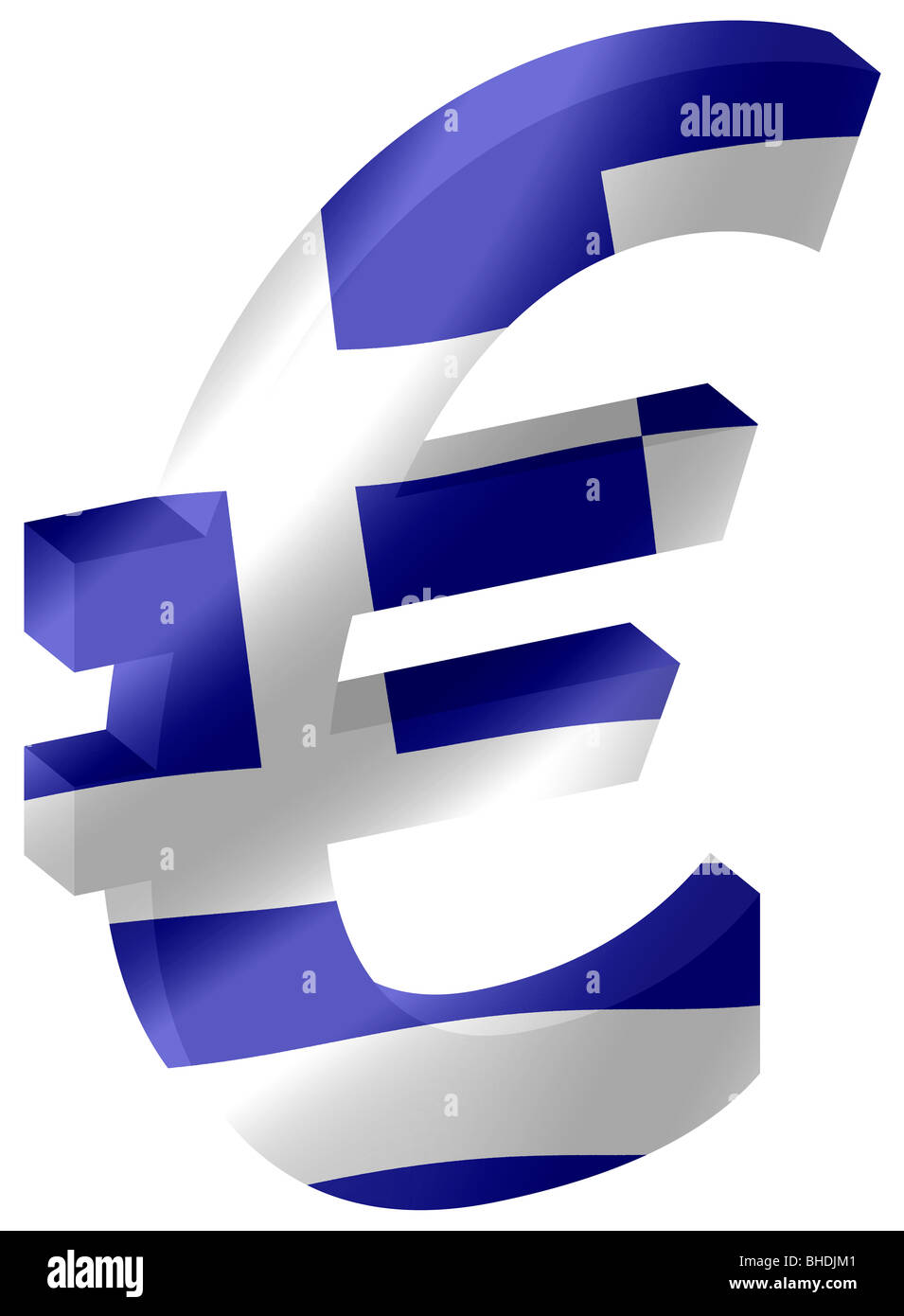 Euro currency symbol in 3D with Greek national flag inset into facets ...