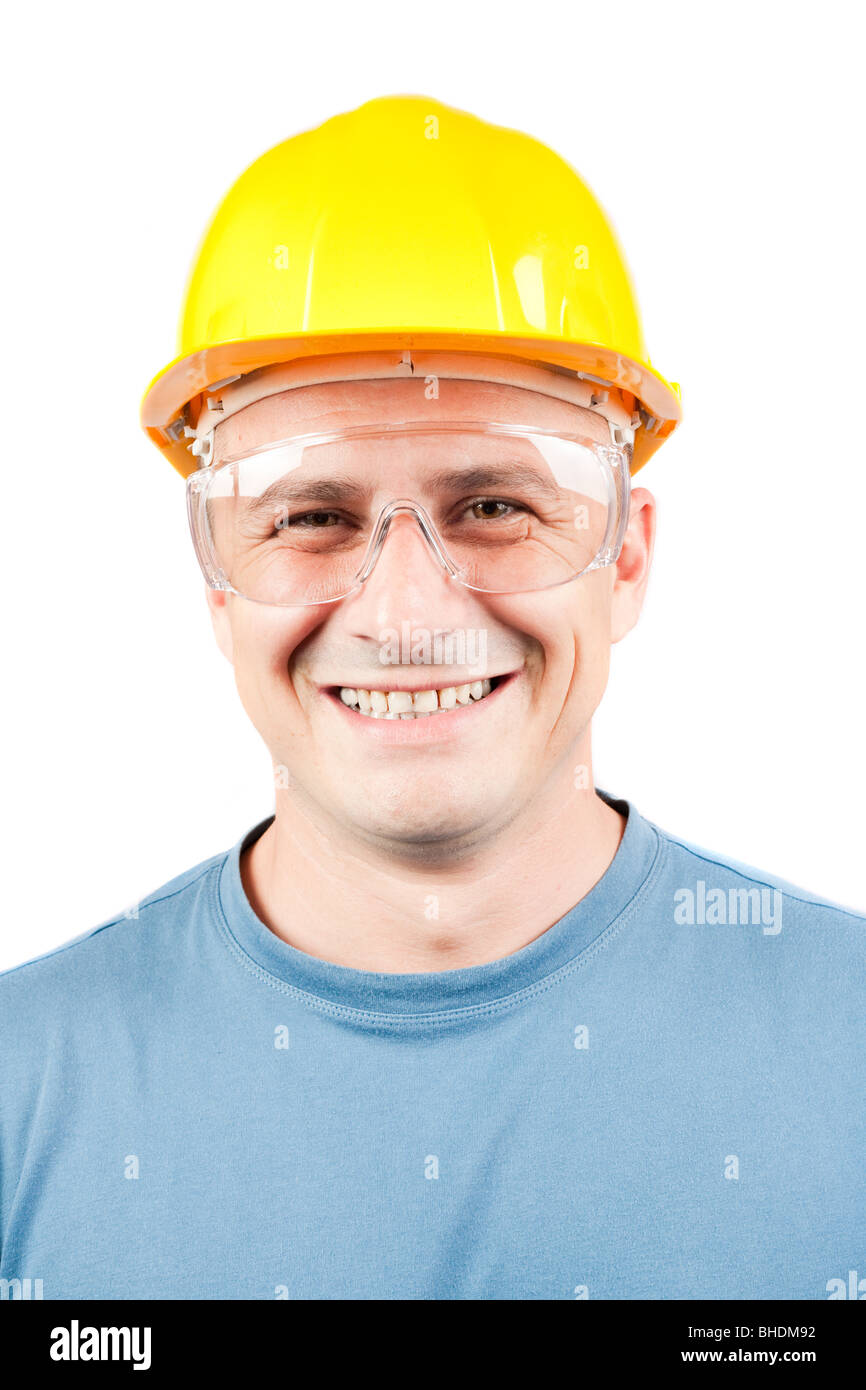 Blue collar worker with yellow helmet, isolated on white background ...