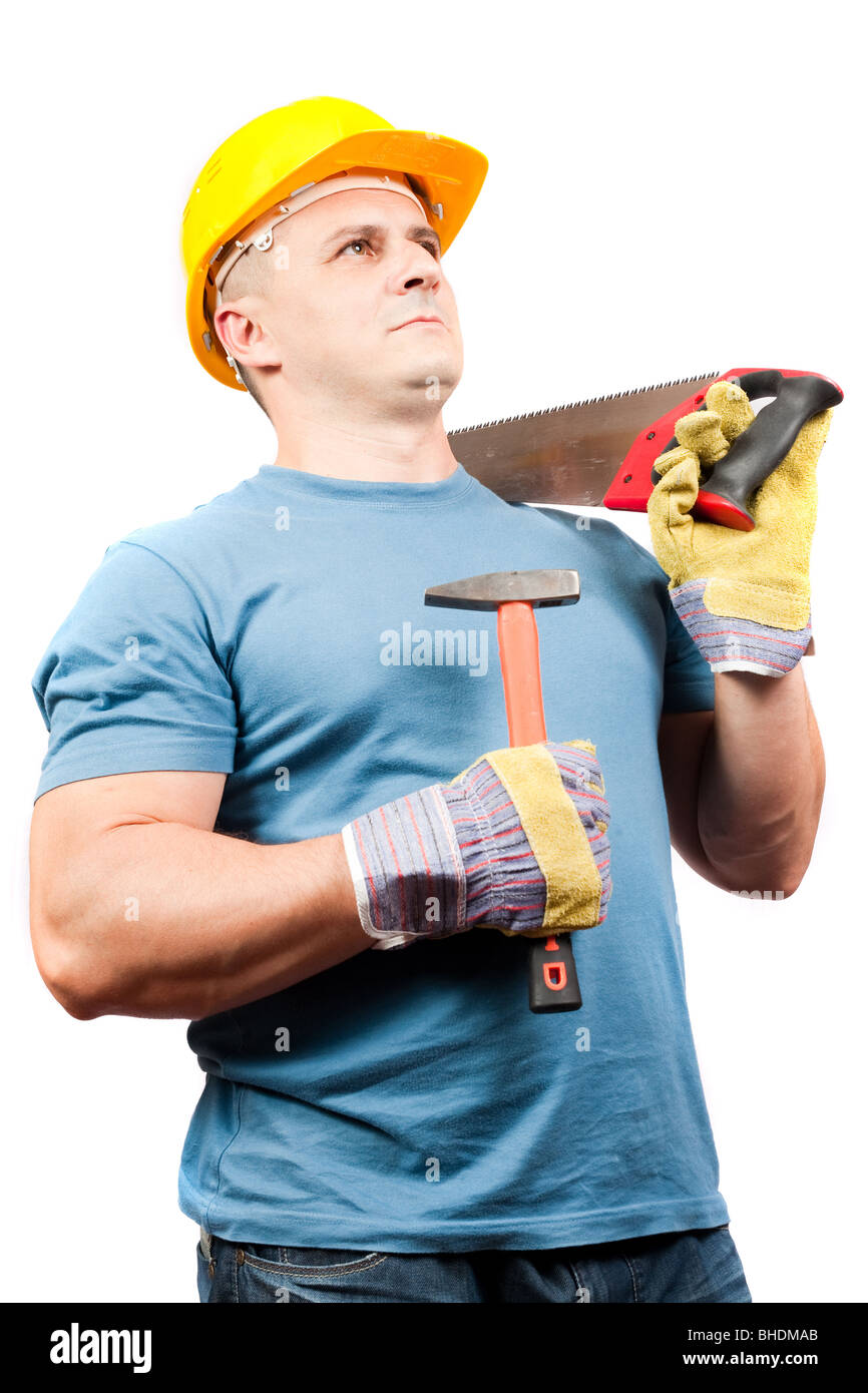 Blue collar worker with yellow helmet and tools, isolated on white ...