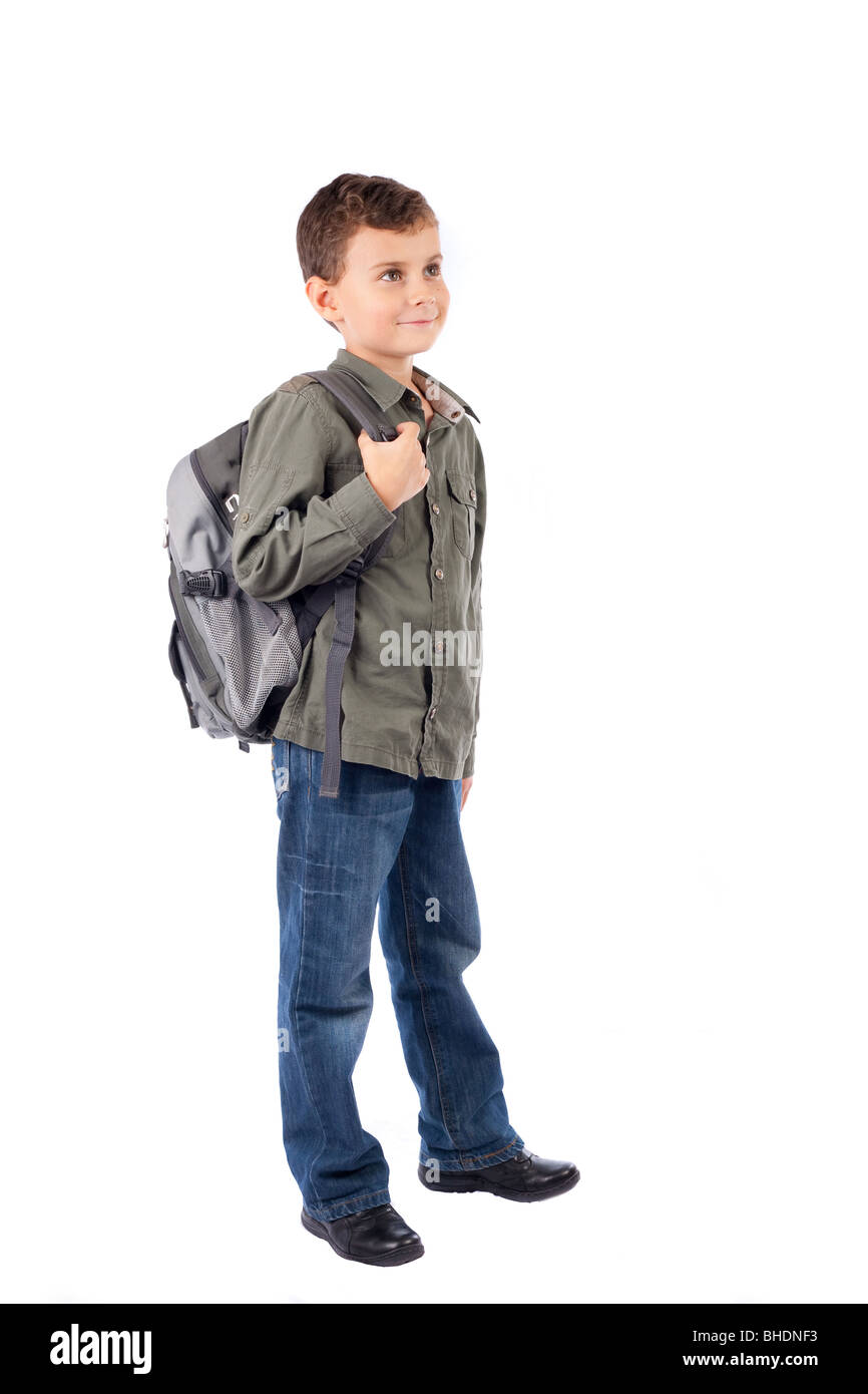 Portrait of a cute schoolboy with backpack isolated on white background ...