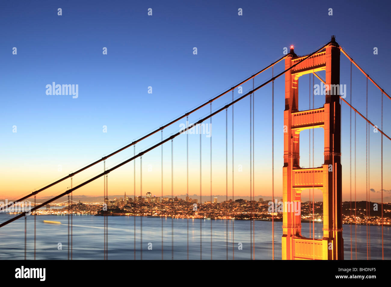 Golden gate Bridge and San Francisco Skyline viewed at dusk Stock Photo ...