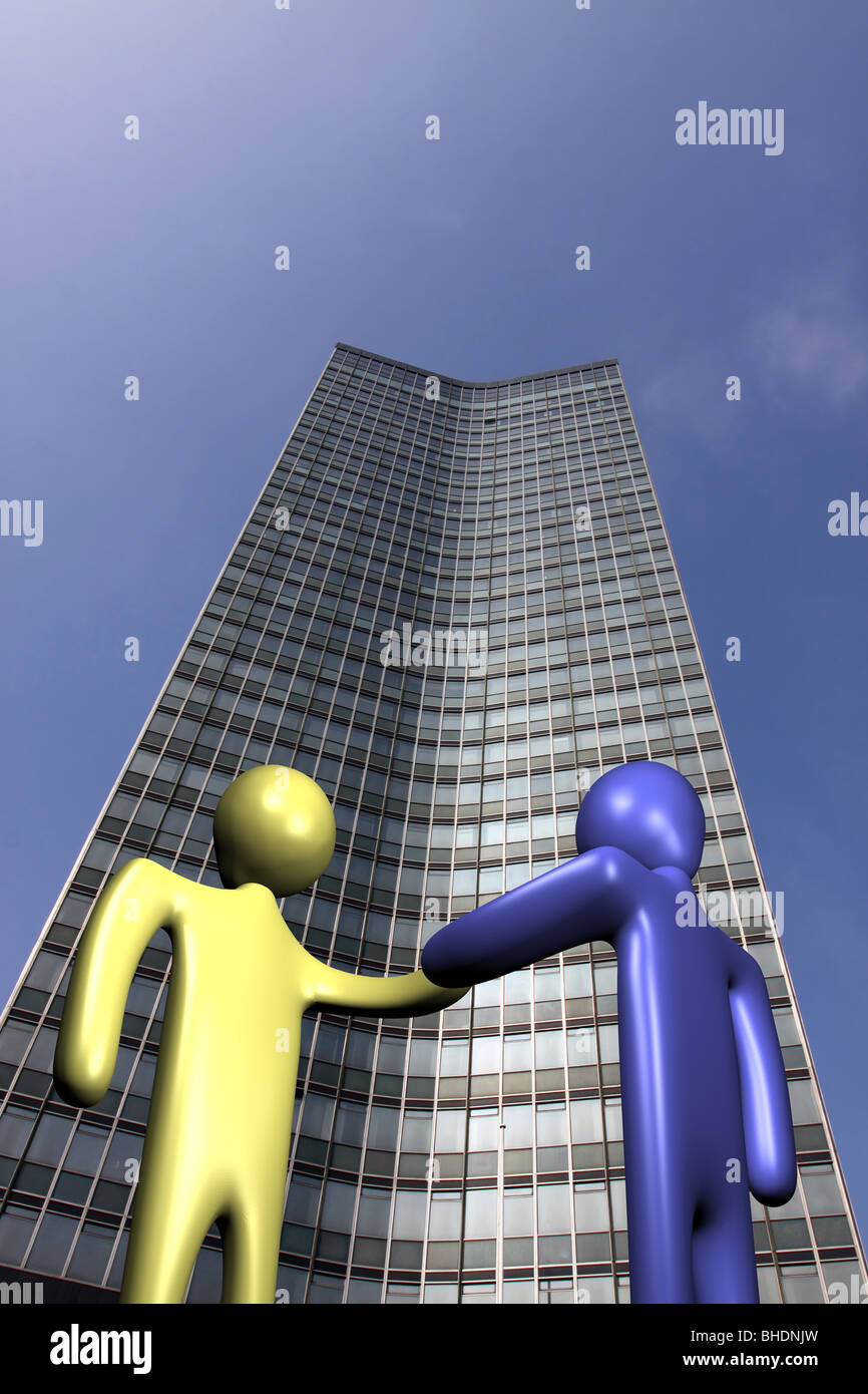 abstract people shaking hands and skyscraper illustration Stock Photo ...