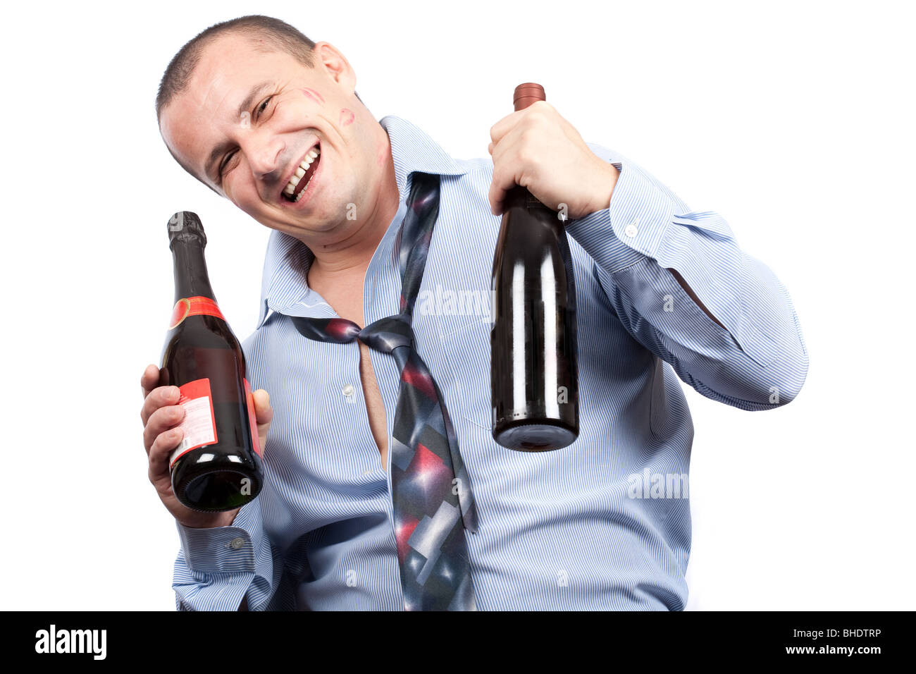 Portrait of a funny drunk businessman isolated on white background ...