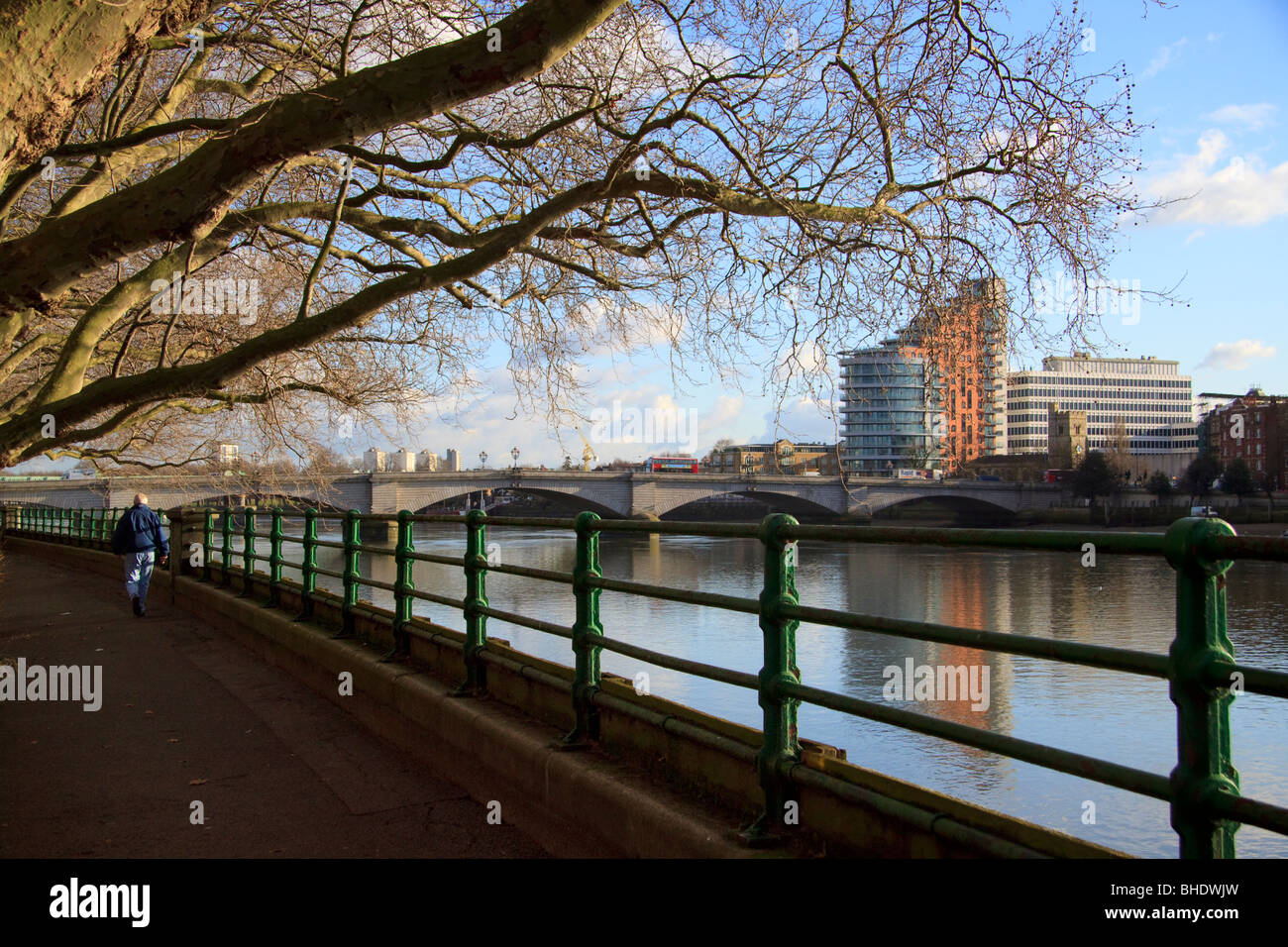 Walk along Bishops Park, Fulham and view across River Thames to Putney ...