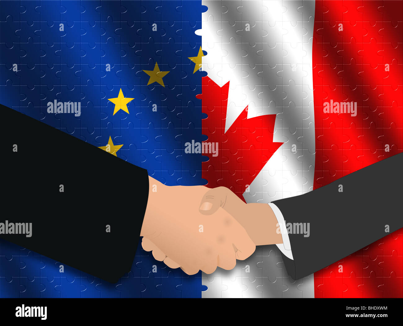 Handshake over EU and Canadian flags with jigsaw effect illustration ...