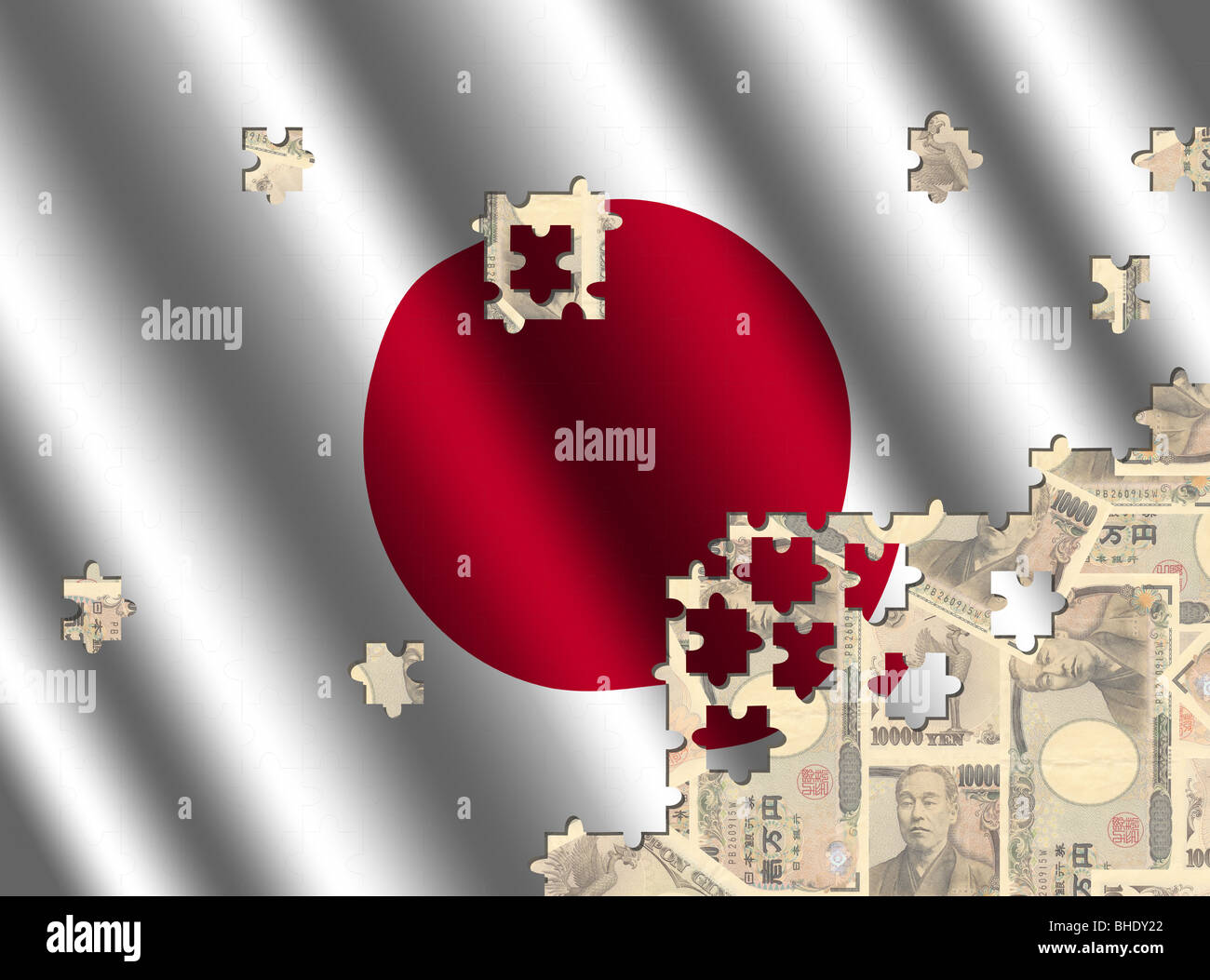 Japanese flag jigsaw over Yen illustration Stock Photo - Alamy