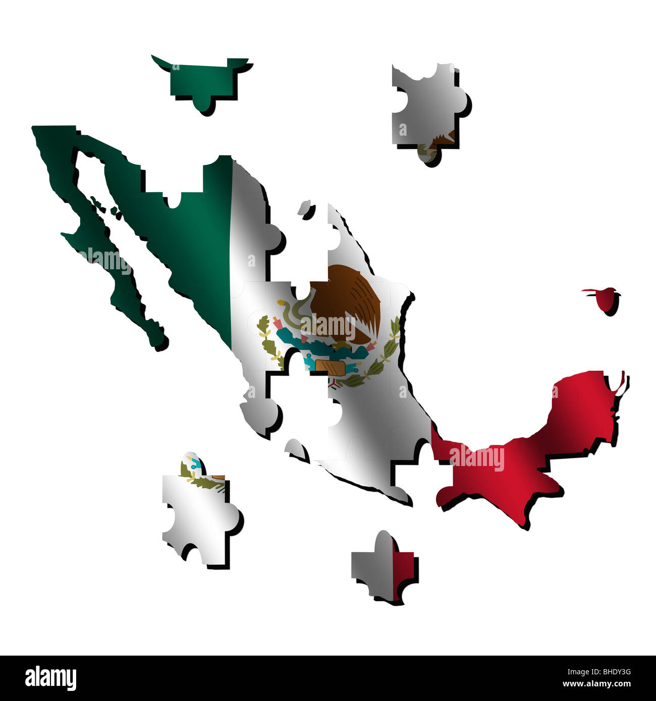 Mexico map rippled flag jigsaw with shadow illustration Stock Photo - Alamy