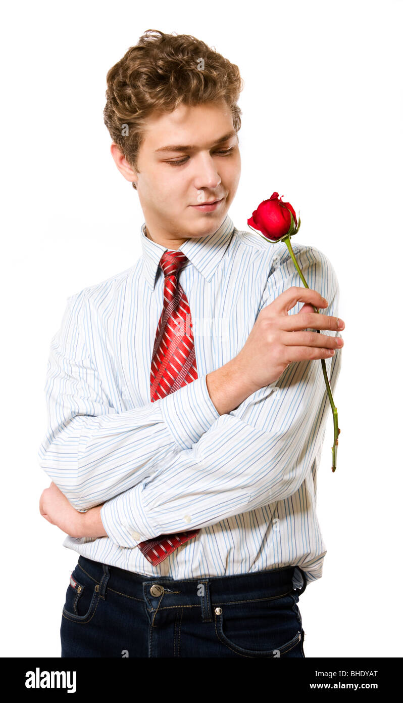 man with rose isolated on white background Stock Photo - Alamy