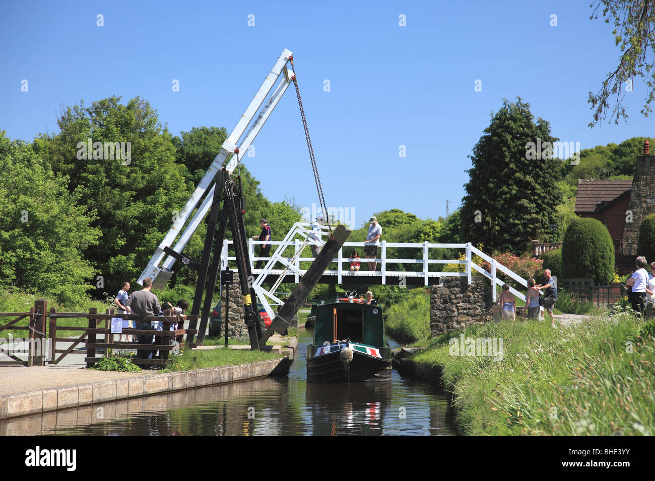 A narrowboat going under Froncysyllte Lift Bridge on the Llangollen ...