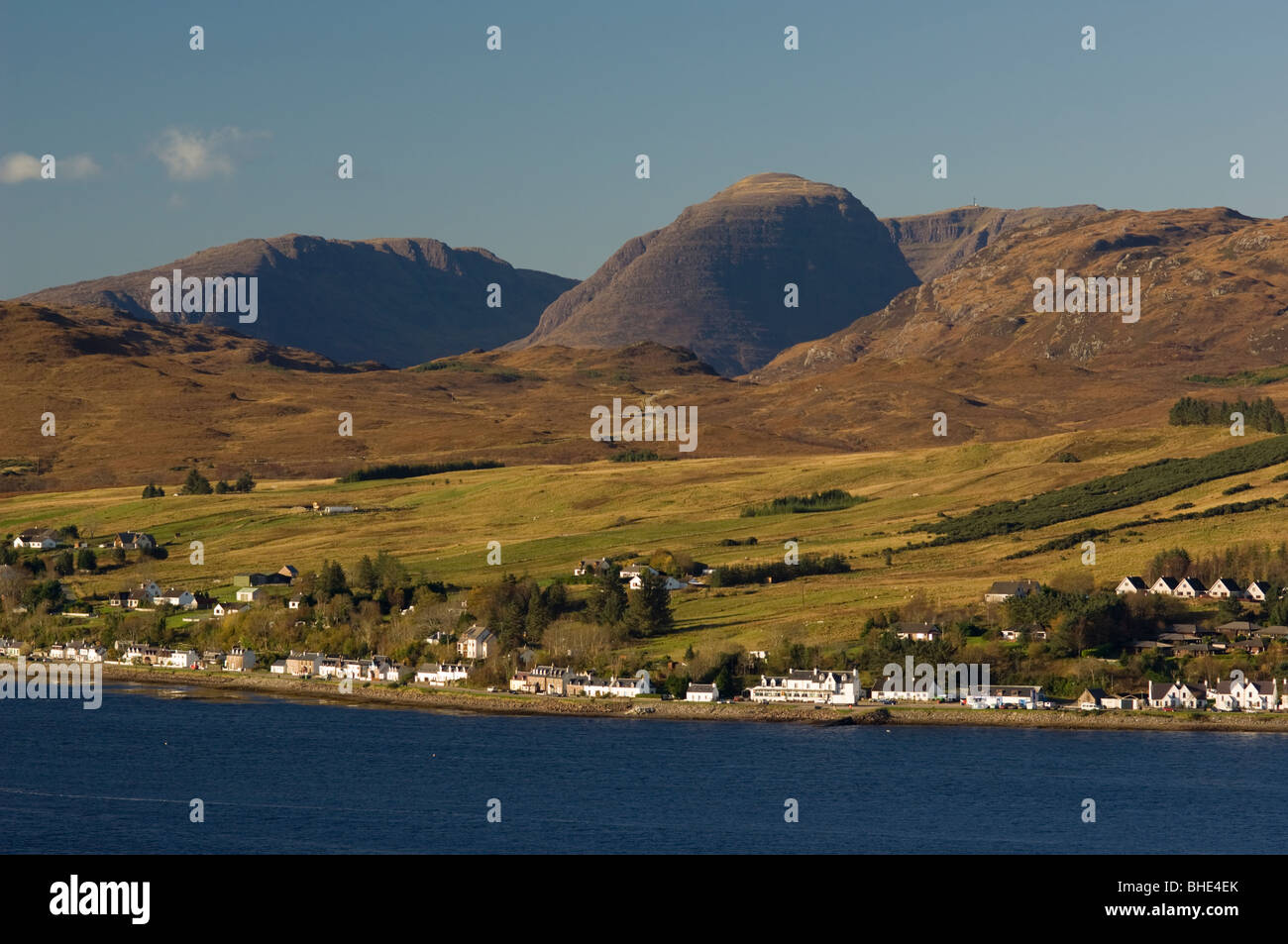 Lochcarron village, on the shore of Loch Carron, looking up to the ...