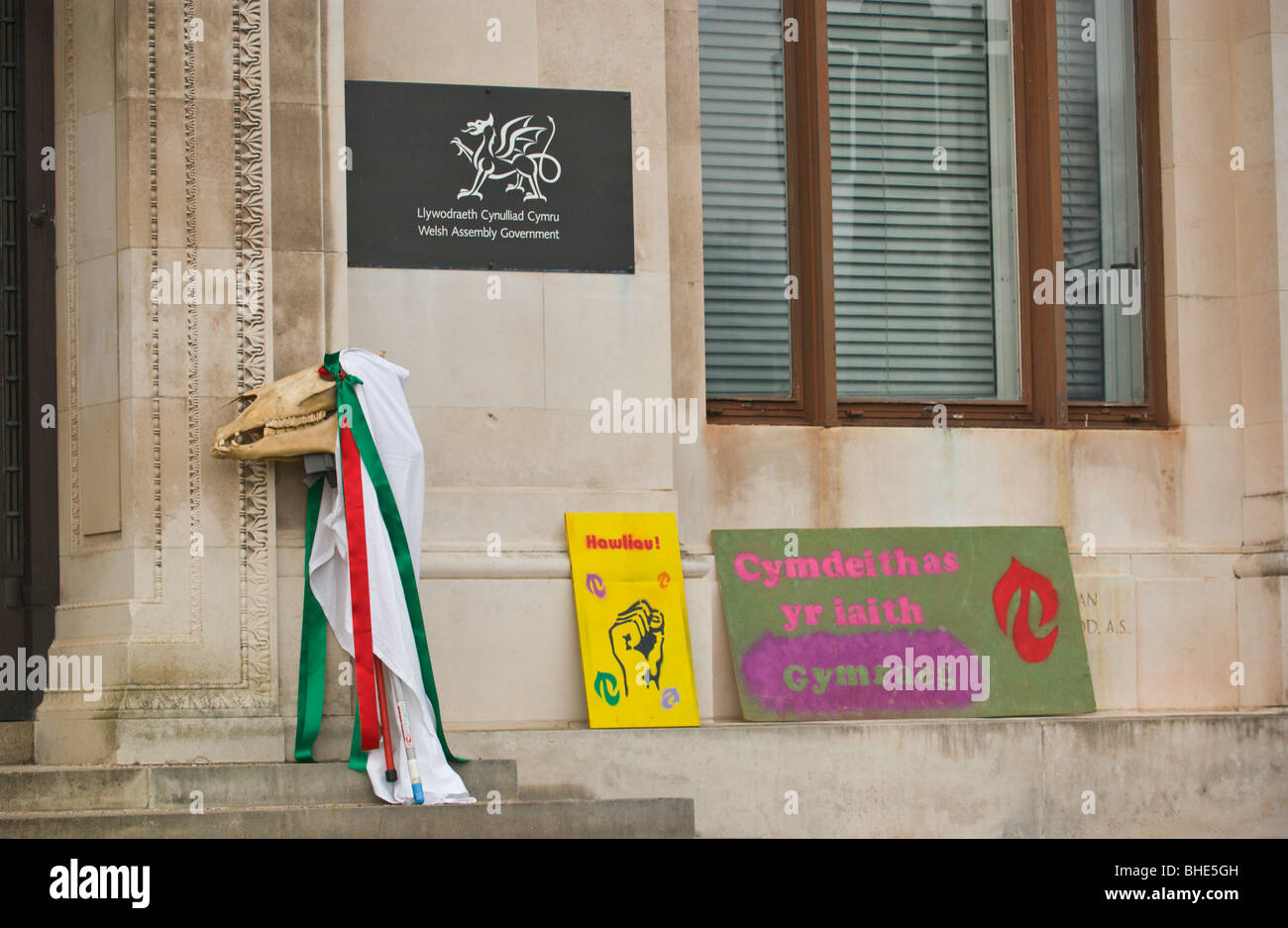 Welsh Language Society protest with Mari Lwyd outside Welsh Assembly ...