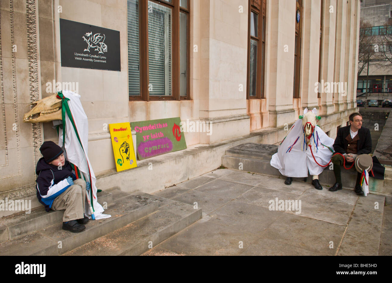 Welsh Language Society protest with Mari Lwyd outside Welsh Assembly ...