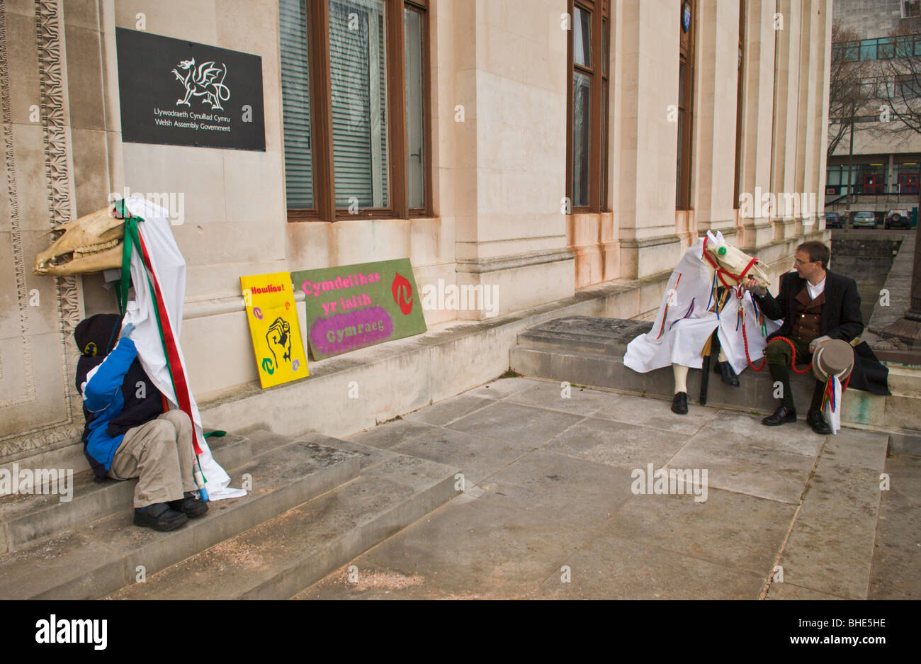 Welsh Language Society protest with Mari Lwyd outside Welsh Assembly ...