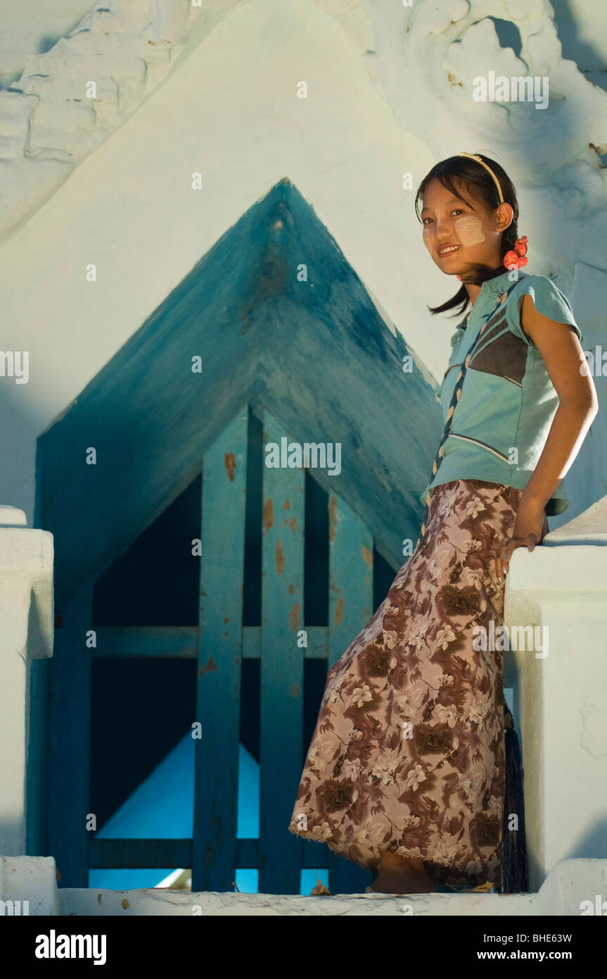 Young Burmese girl with thanaka bark make-up, Amarapura, Burma, Myanmar Stock Photo - Alamy