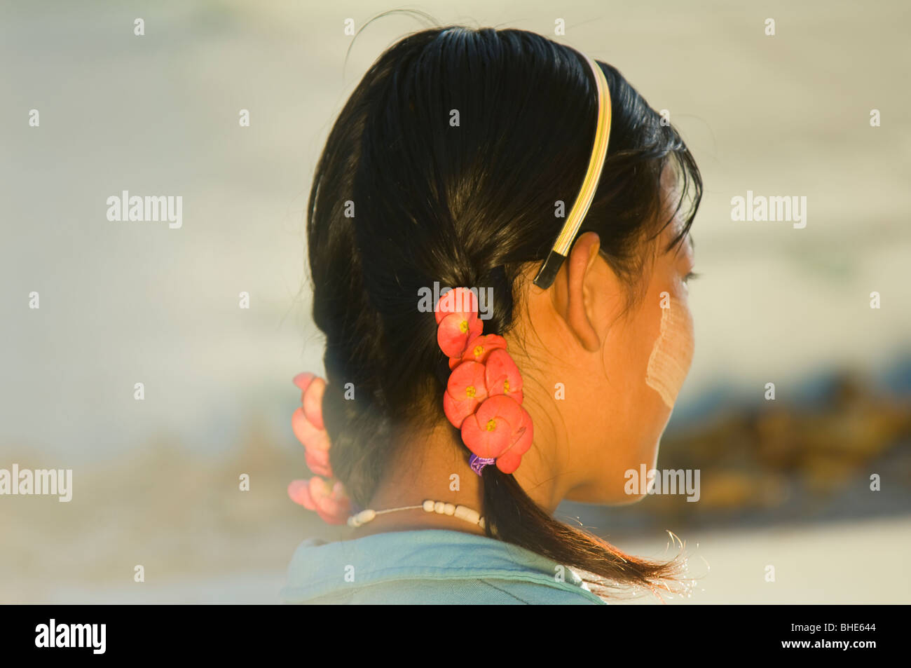 Young Burmese girl with thanaka bark make-up, Amarapura, Burma, Myanmar Stock Photo - Alamy