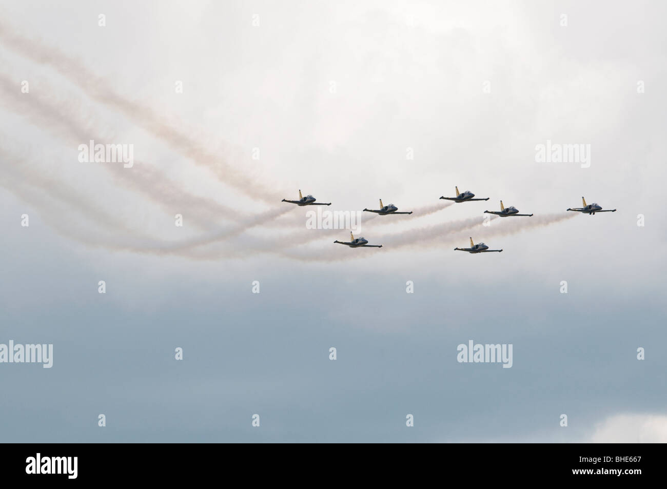 Breitling display team flying in close formation during an airshow ...