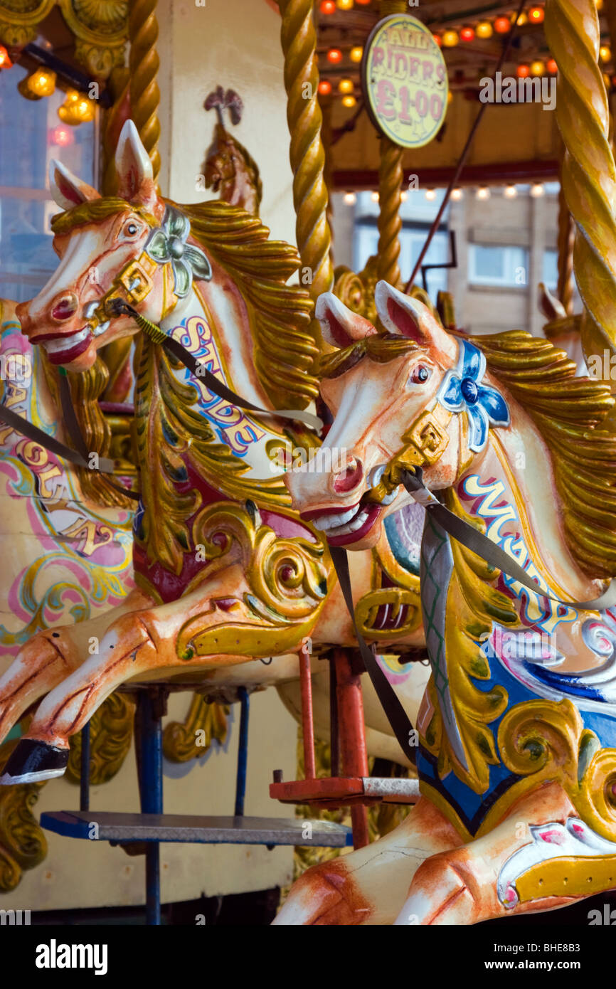 Carved roundabout horses on Southport promenade Stock Photo - Alamy
