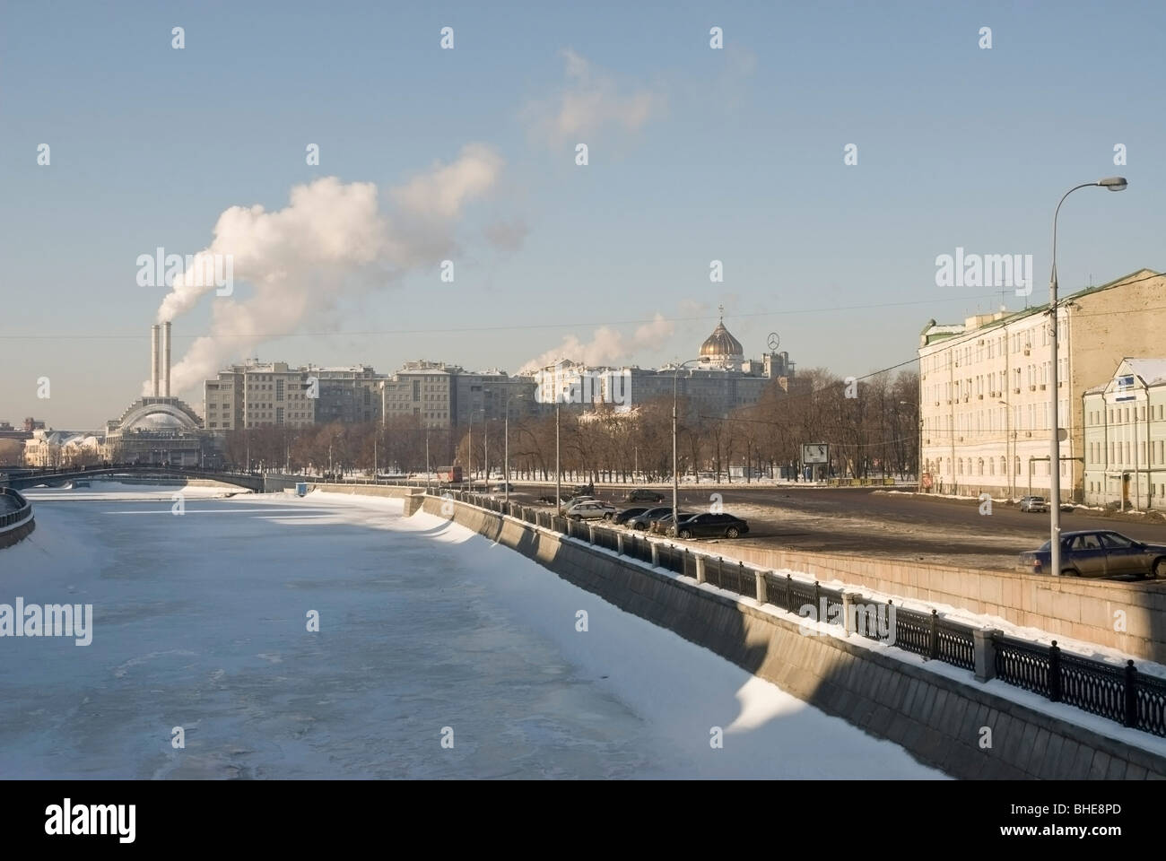 The Drainage channel of Moskva-river covered by ice. Moscow, Russia ...