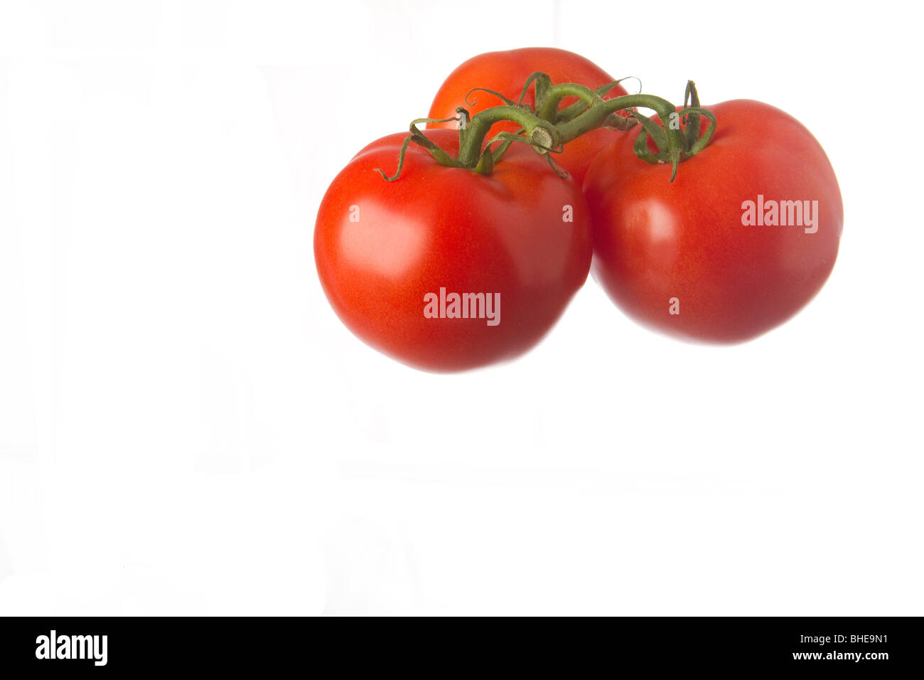 Three beautiful vine ripened red tomatoes with stem Stock Photo - Alamy
