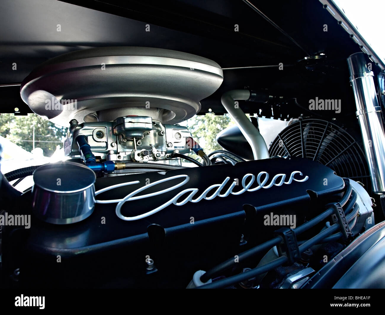 Stock image of the engine of a custom built car, in landscape format ...