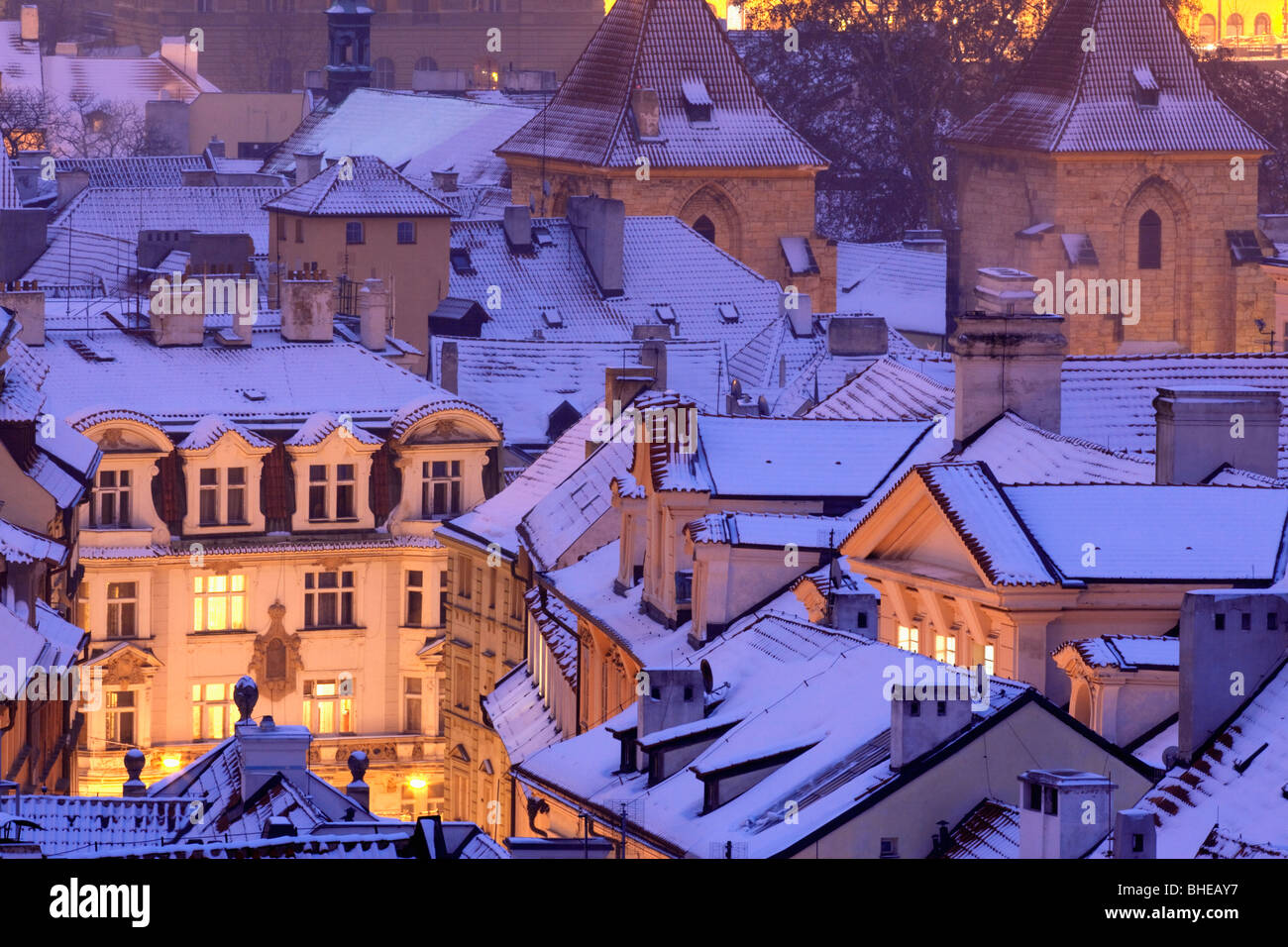 prague - winter view of lesser town rooftops covered with snow Stock ...