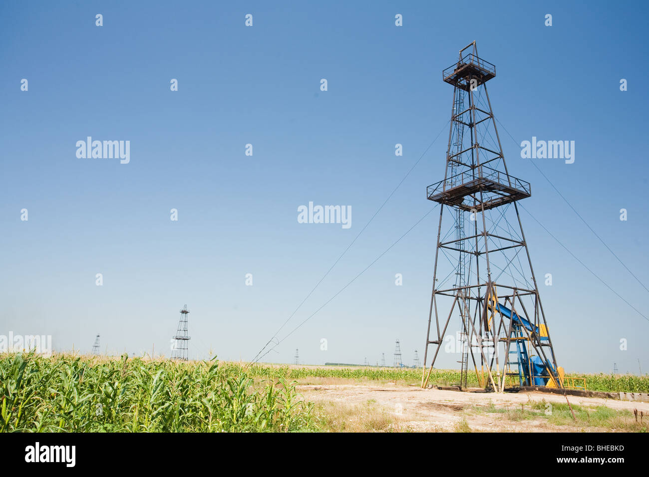 Oil well field in a middle of a corn field. Agriculture and industry ...