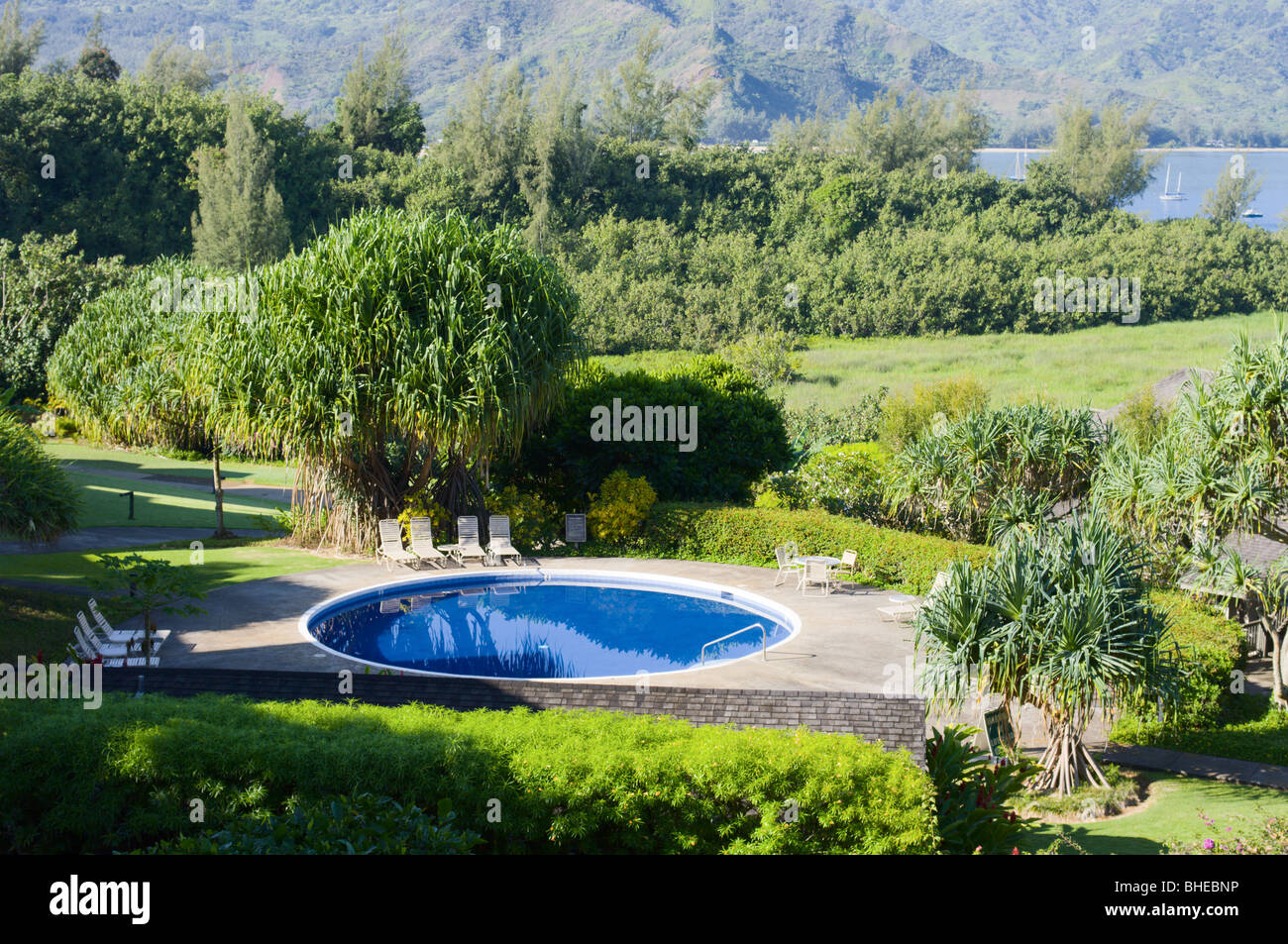 Circular swimming pool at the Hanalei Bay Resort Princeville Kauai HI ...