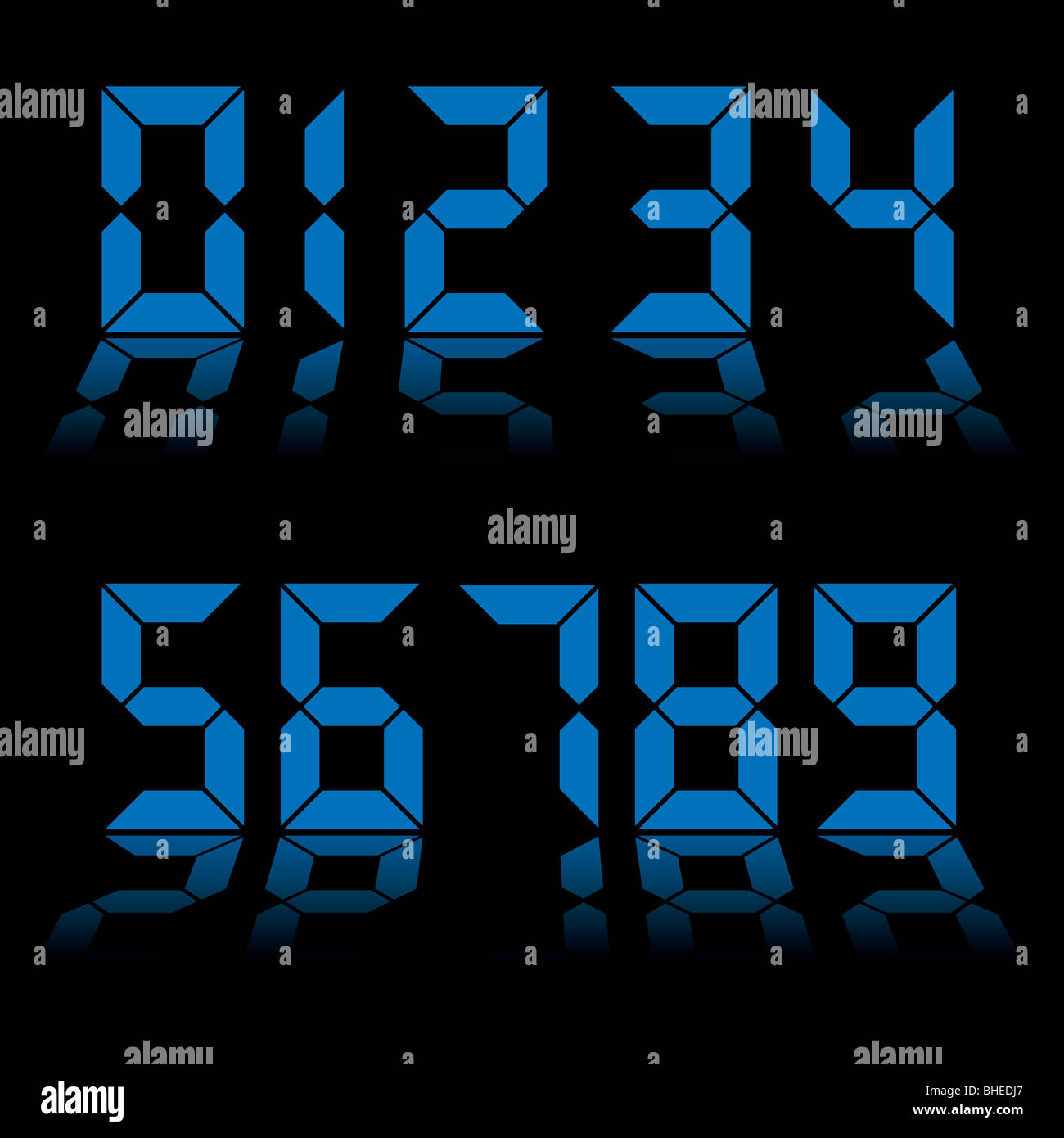 Collection of blue digital numbers as used on clocks and computers ...