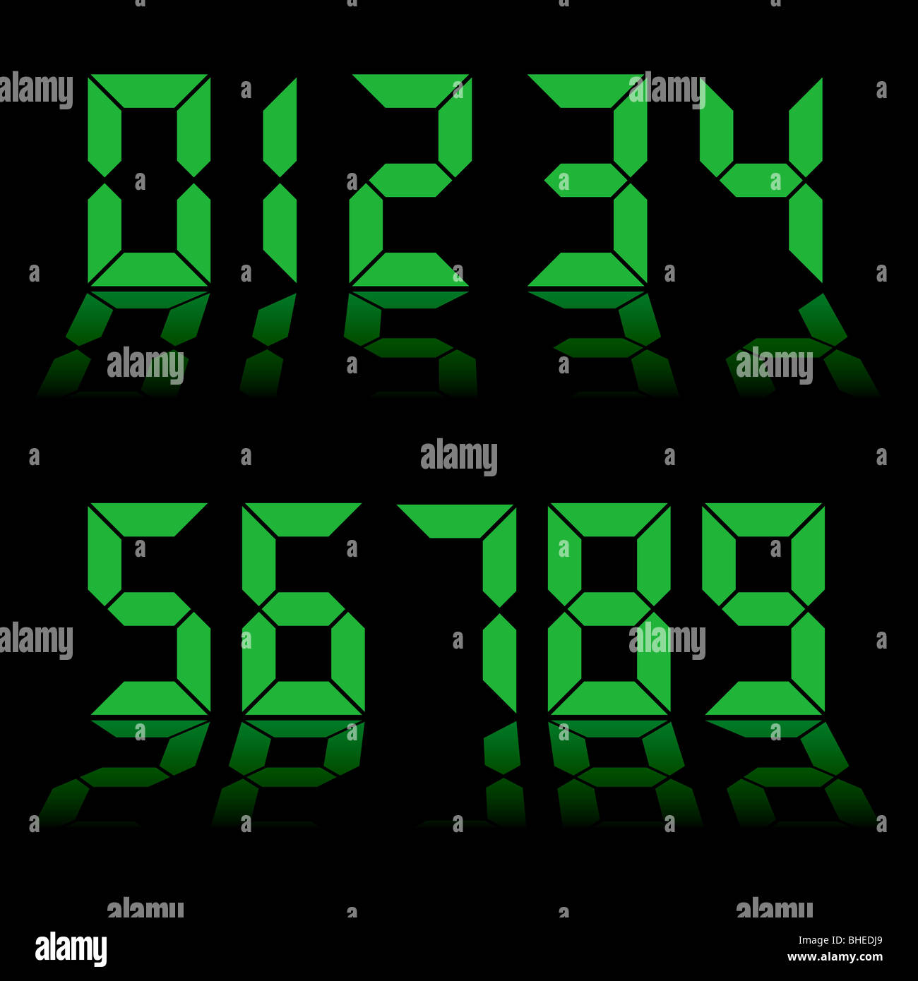 one to nine digital numbers in green with reflection in black ...
