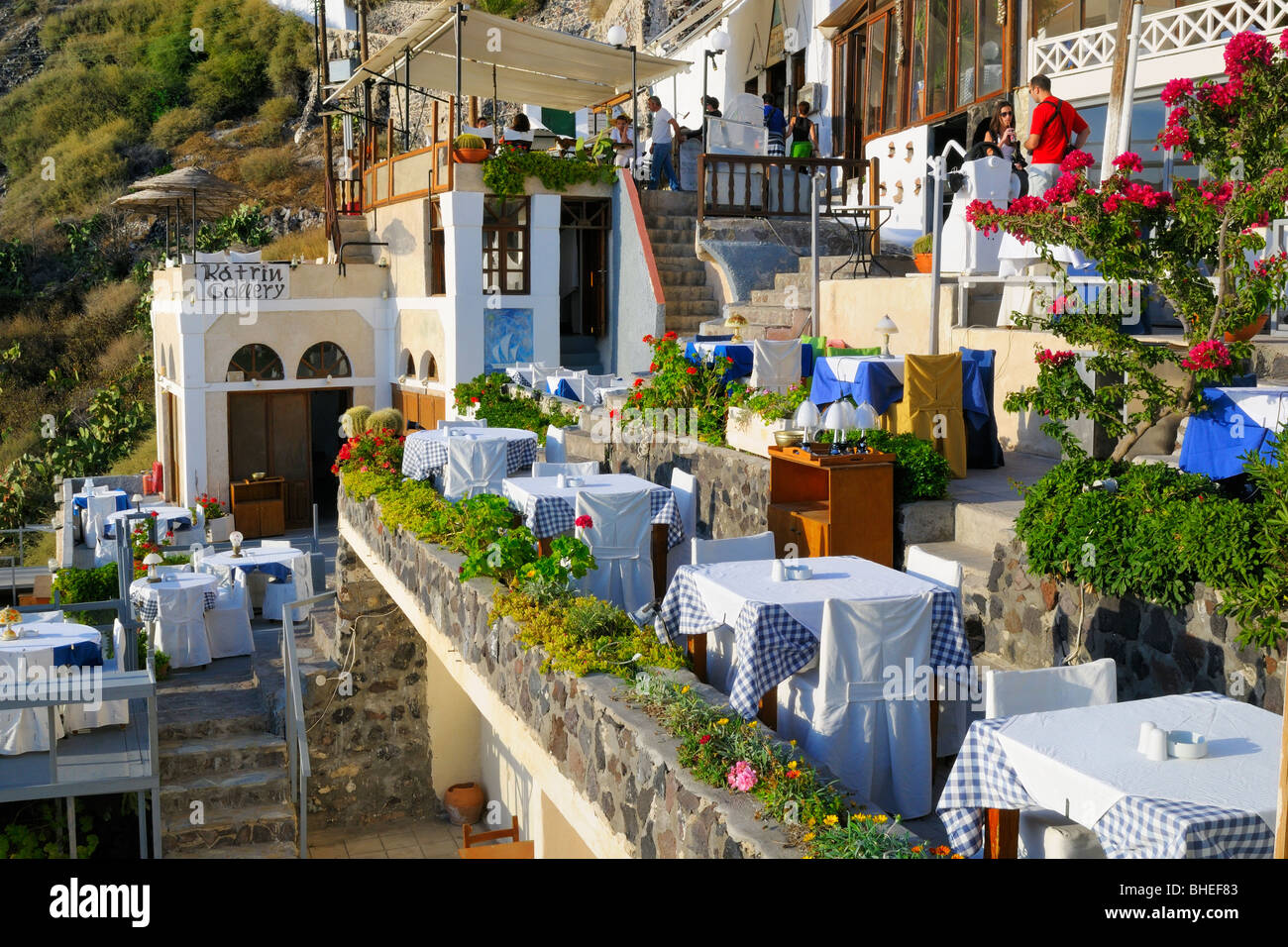 A restaurant with the famous Caldera View prepares for it's guests to ...
