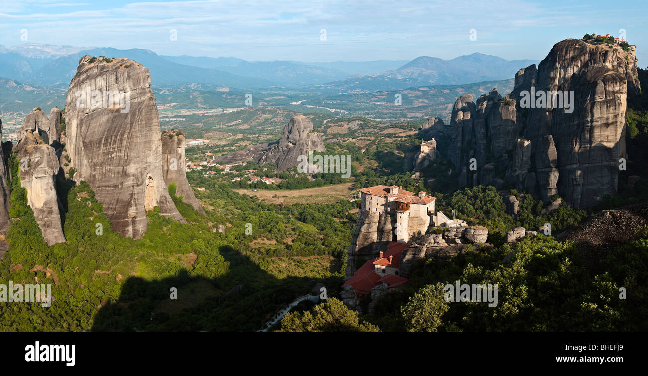 Panoramic view of the monastery of Roussanou, in the mountains of the ...