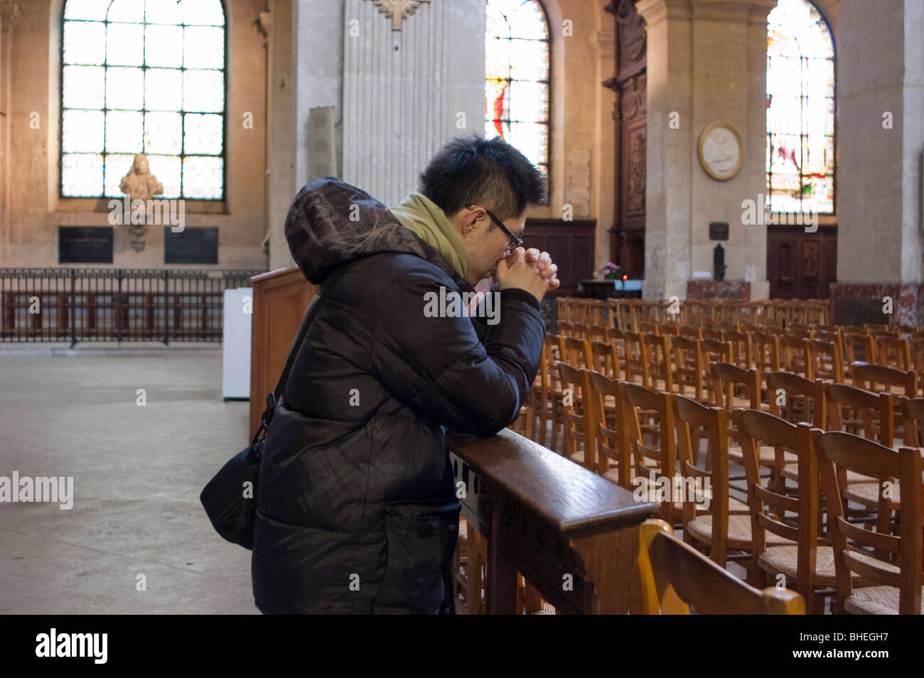 Versailles, France, Young Asian Man, Kneeling Down, Praying Alone in ...