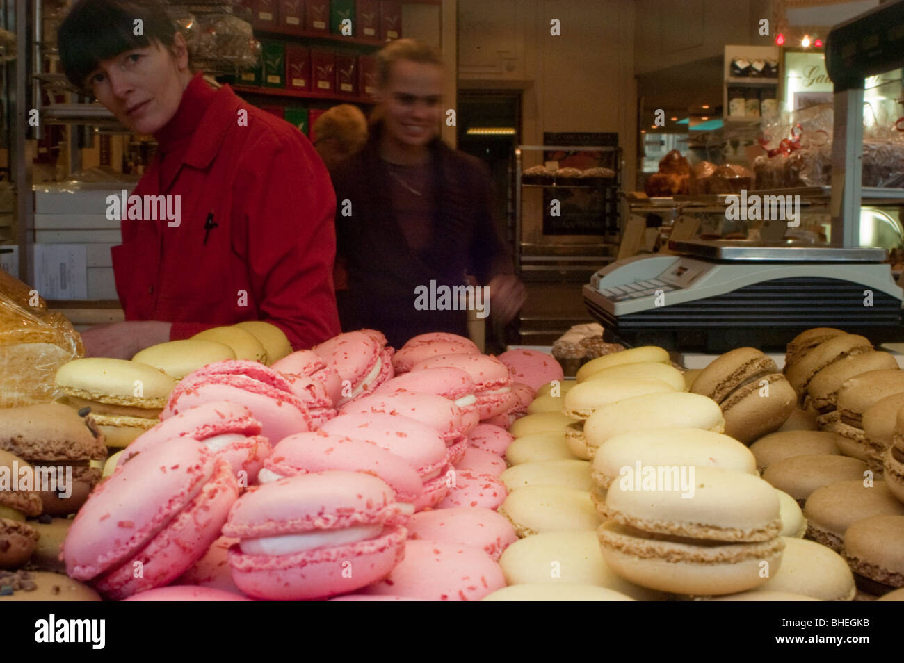 France, Close up, Macaroons in French Bakery Shop Window, Interior ...