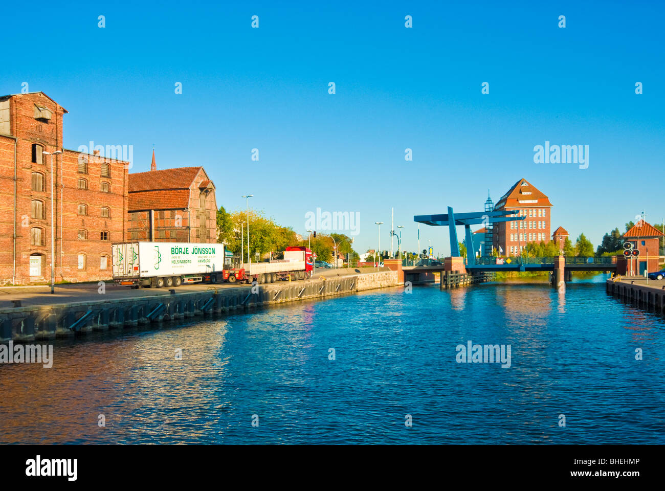 Garner, landing stage and draw bridge along Peene river, city of Demmin ...