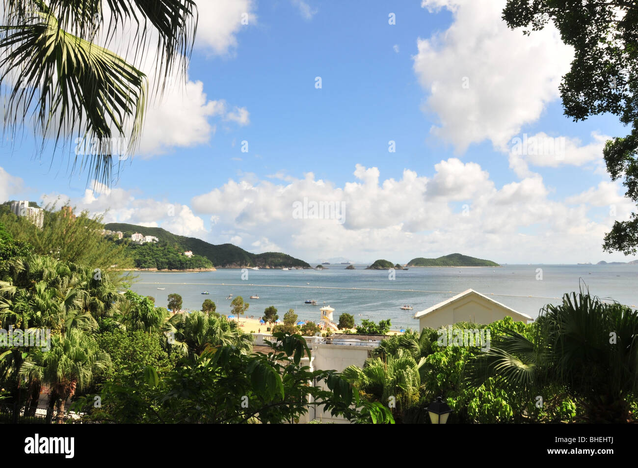Blue sky, tree window view of the beach, safe bathing area, shark net ...
