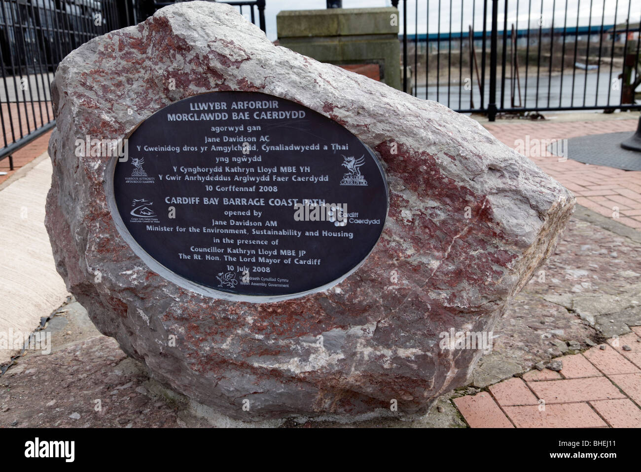 stone plaque marking the cardiff bay barrage coast path cardiff bay ...