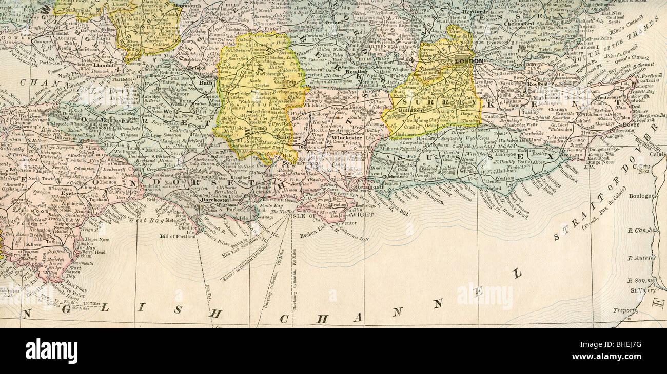 Old map of Southern England from original geography textbook, 1884 ...