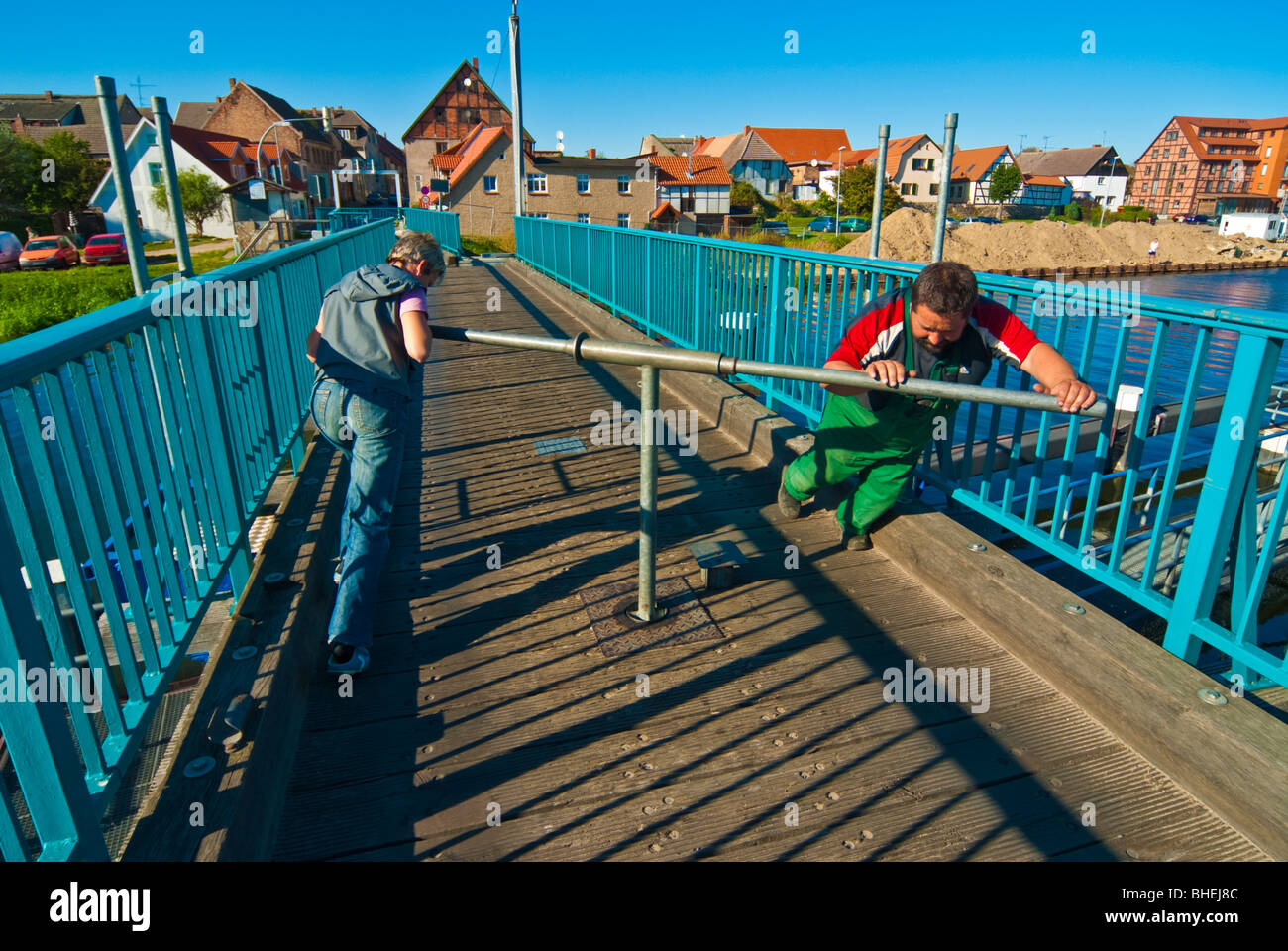 Oldest hand operated turning bridge in Europe over Peene river at Loitz ...